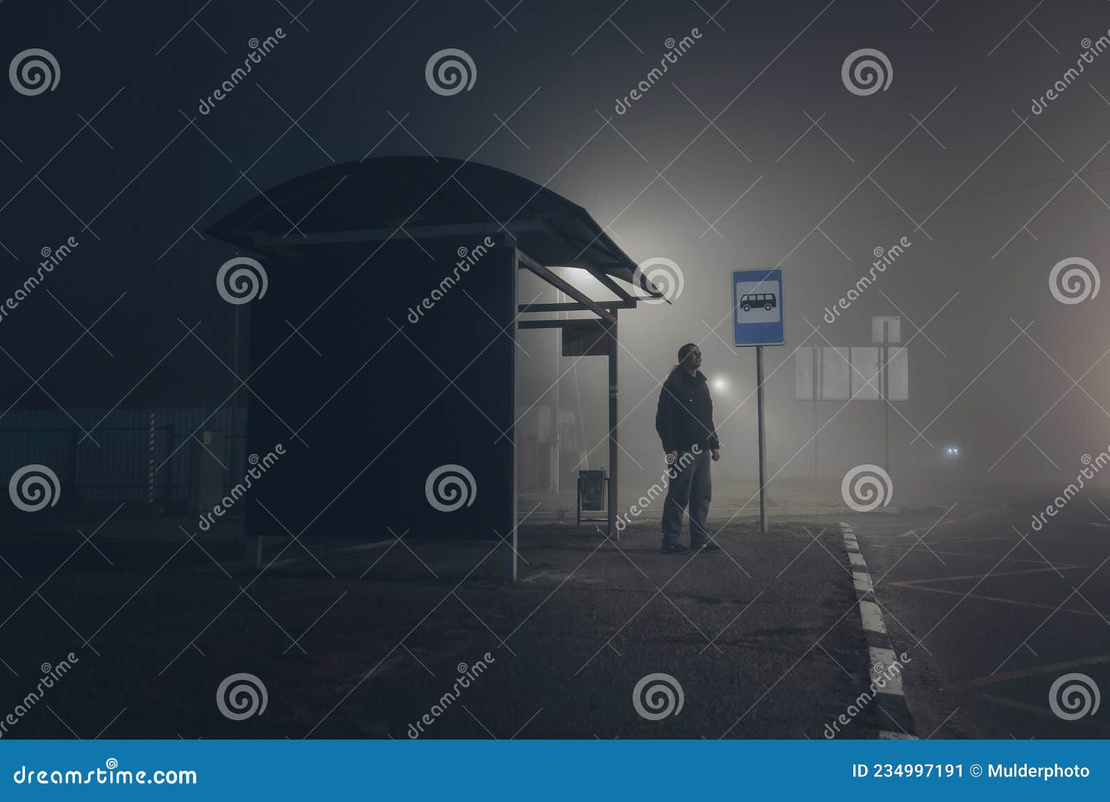 Alone Sad Man Waiting for Bus at Bus Stop Stock Image - Image of alone ...