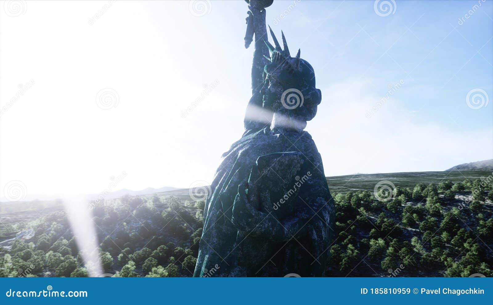 Alone Statue of Liberty in Grass Field. Aerial View. Postapocalyptic ...