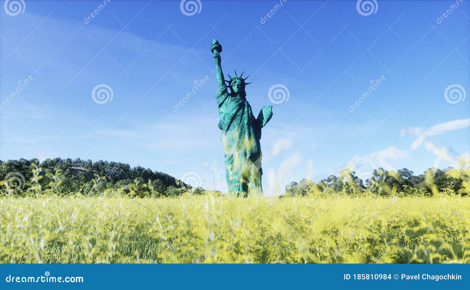 Alone Statue of Liberty in Grass Field. Aerial View. Postapocalyptic ...
