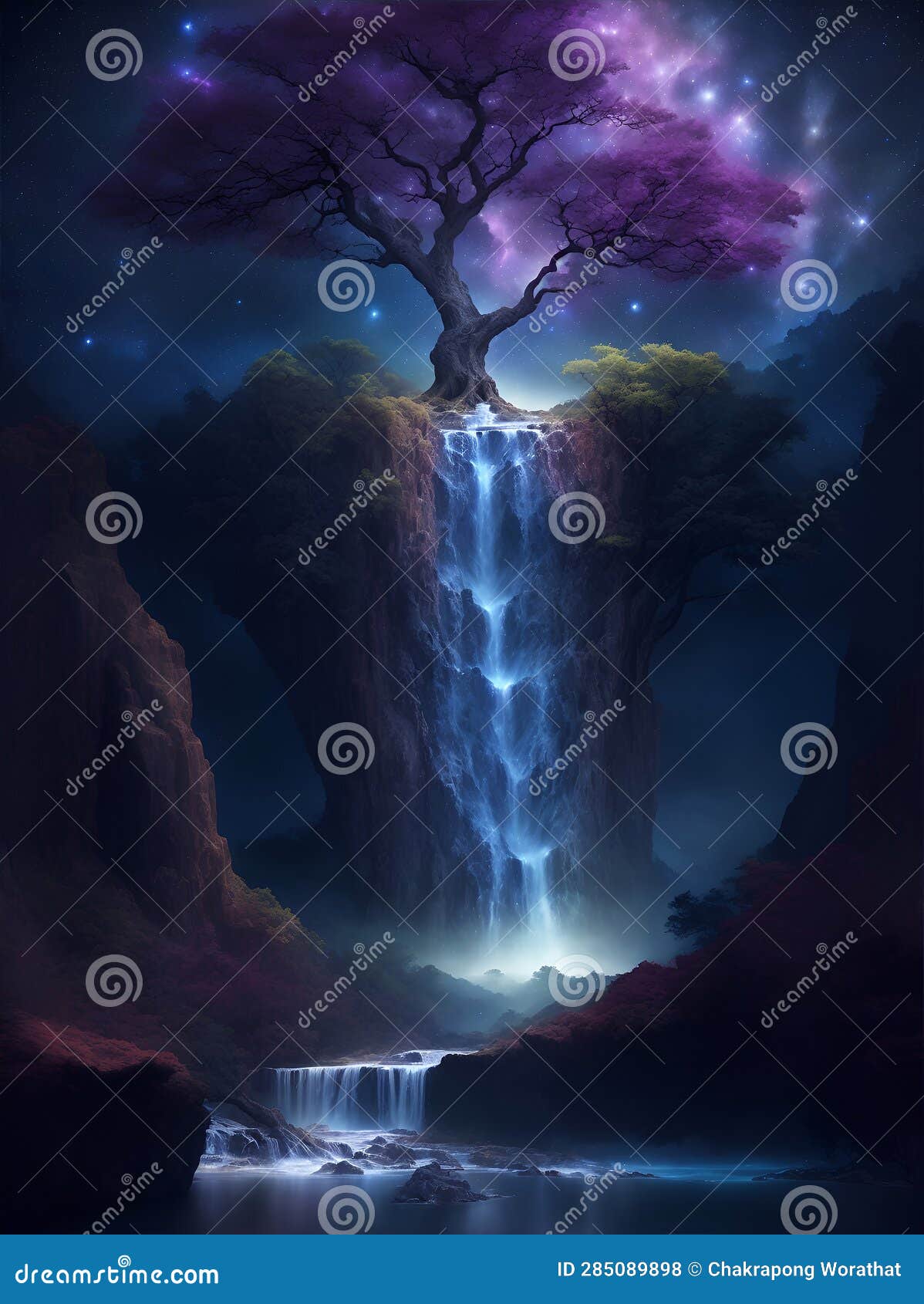 Alone Tree and Milky Way Arch at Night. Vertical with Old Tree with ...