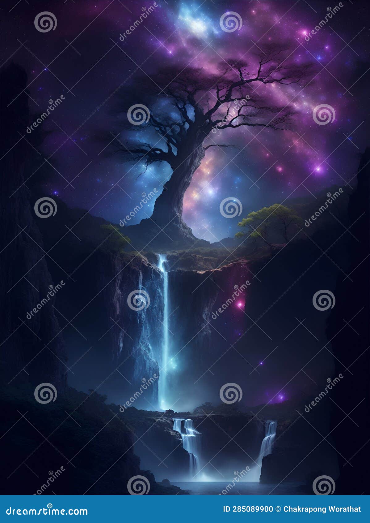 Alone Tree and Milky Way Arch at Night. Vertical with Old Tree with ...