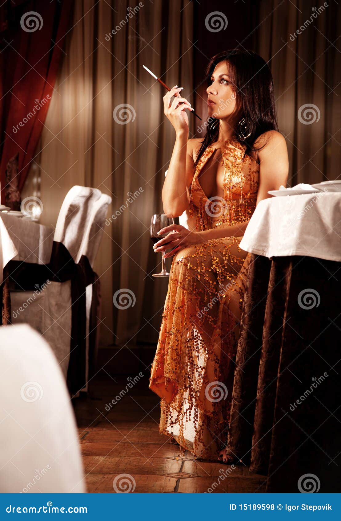 Alone Woman Smoking Cigarette at Restaurant Stock Photo - Image of ...