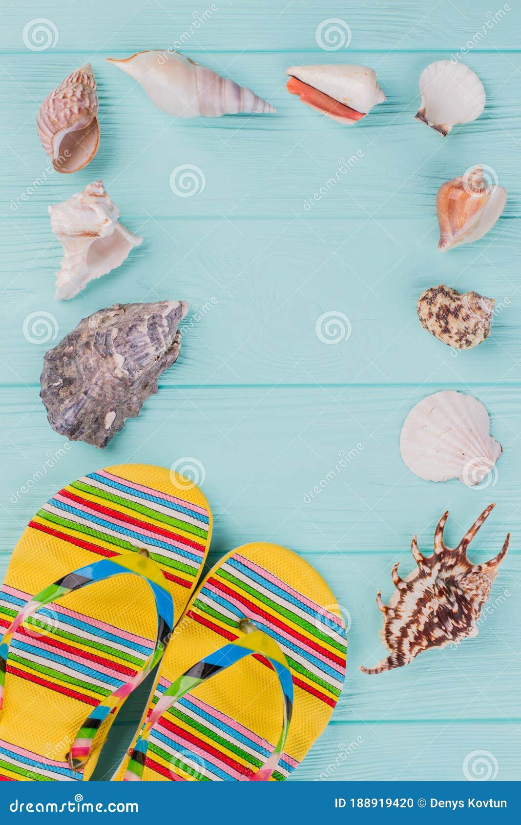 Along the Perimeter are Different Sea Shells and Bright Sandals in the ...