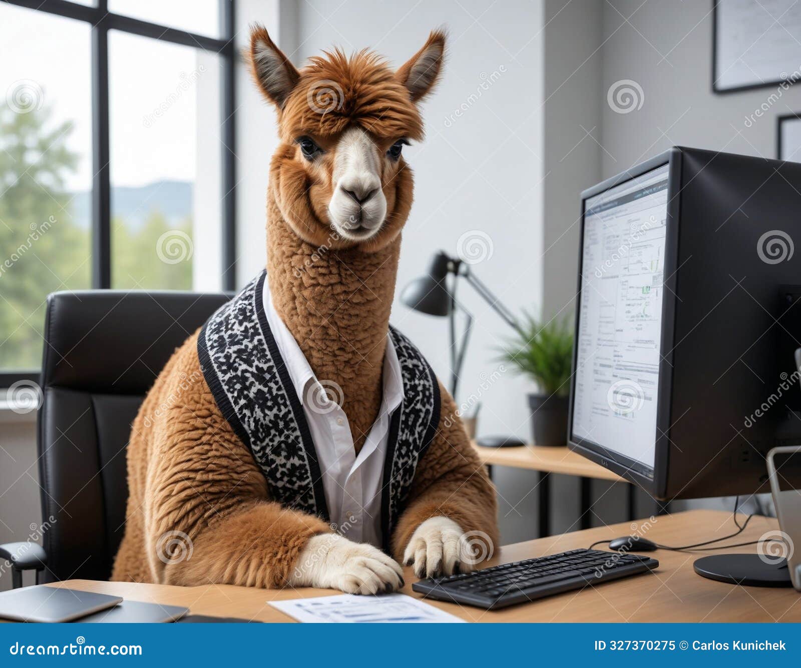 Alpaca in Business Casual Clothes, Sitting in Front of a Computer and ...