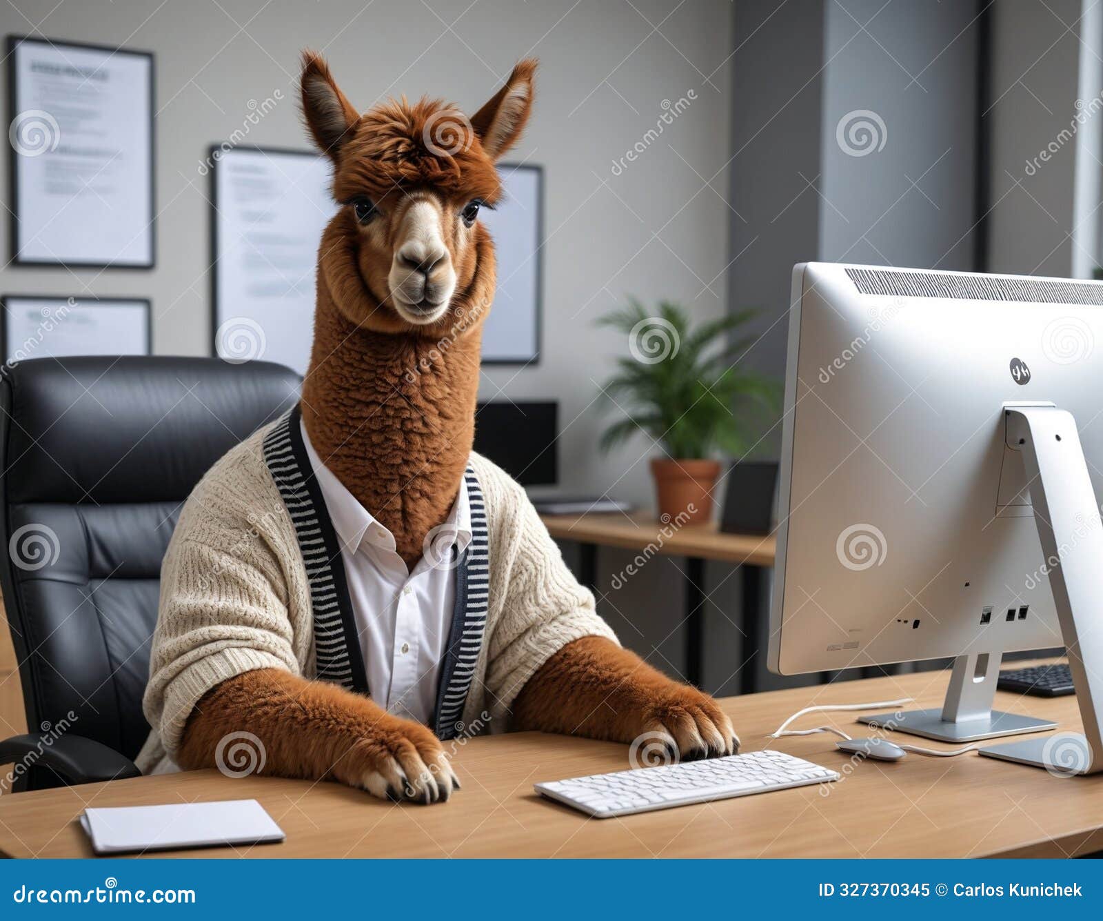 Alpaca in Business Casual Clothes, Sitting in Front of a Computer and ...