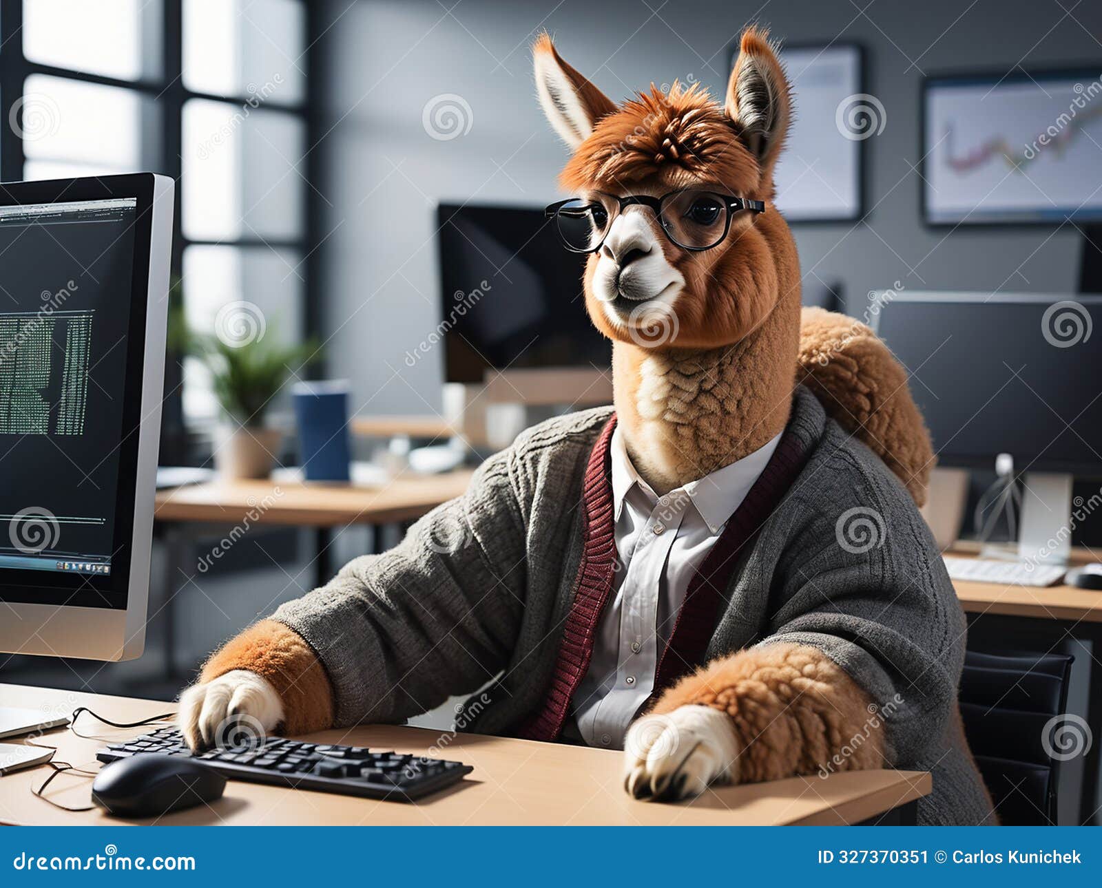 Alpaca in Business Casual Clothes, Sitting in Front of a Computer and ...
