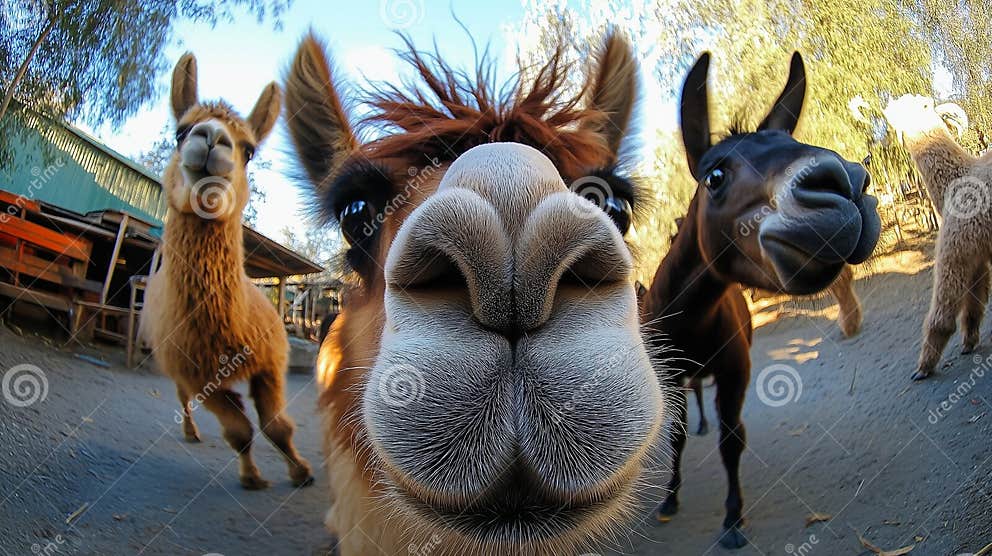 The Alpaca Looks into the Camera Lens, Close-up of the Funny Muzzle ...