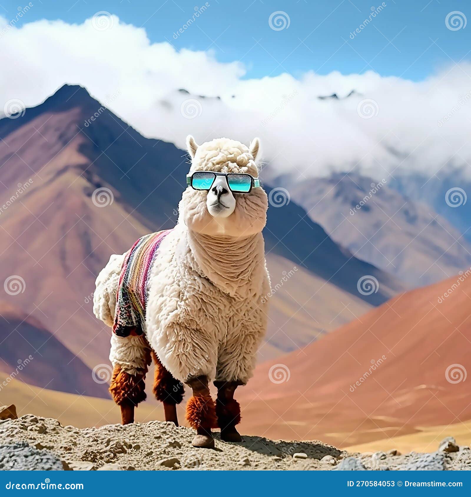 Alpaca Stands on a Mountain, in Bright Clothes and a Straw Hat ...