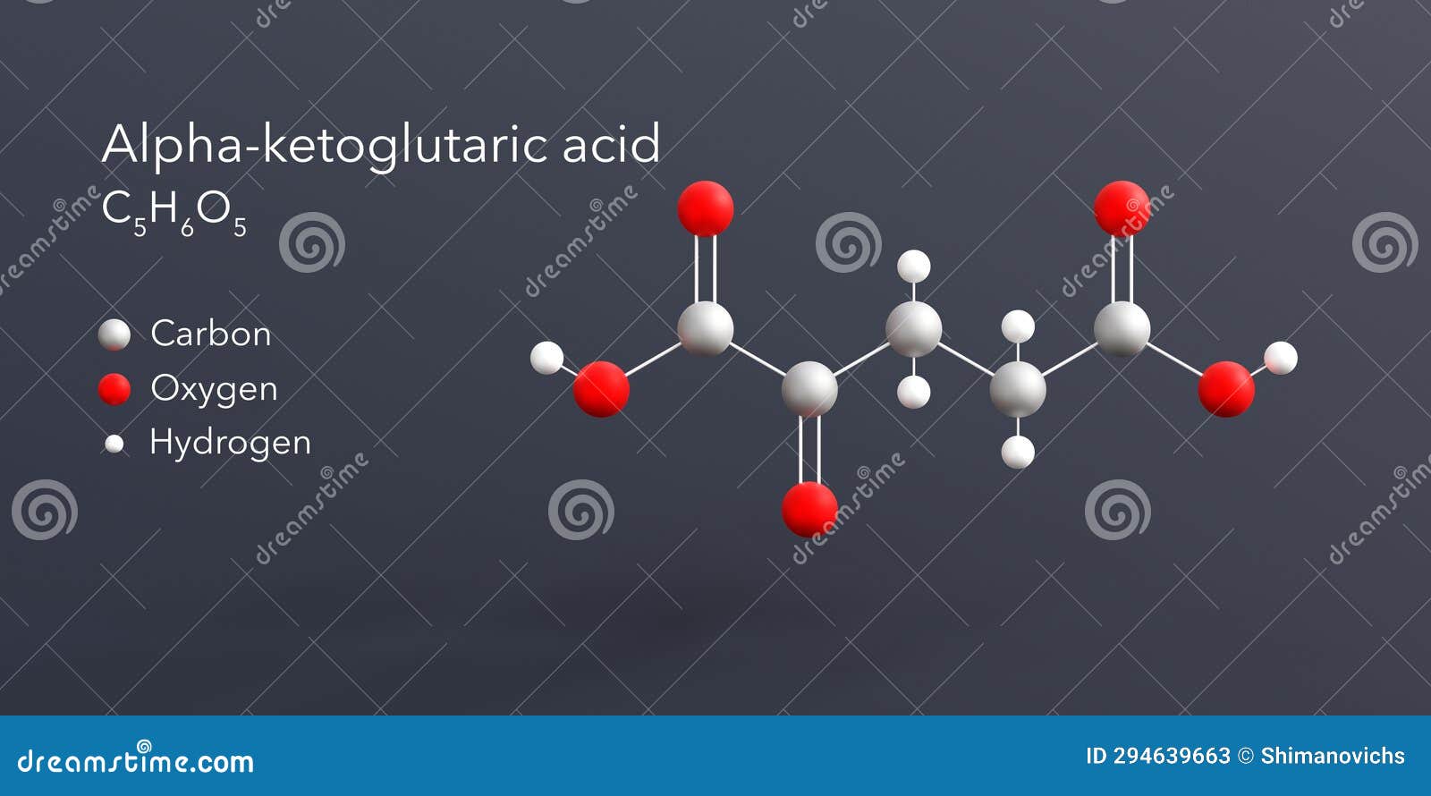 Alpha Ketoglutaric Acid Molecule 3d Rendering Flat Molecular Structure With Chemical Formula