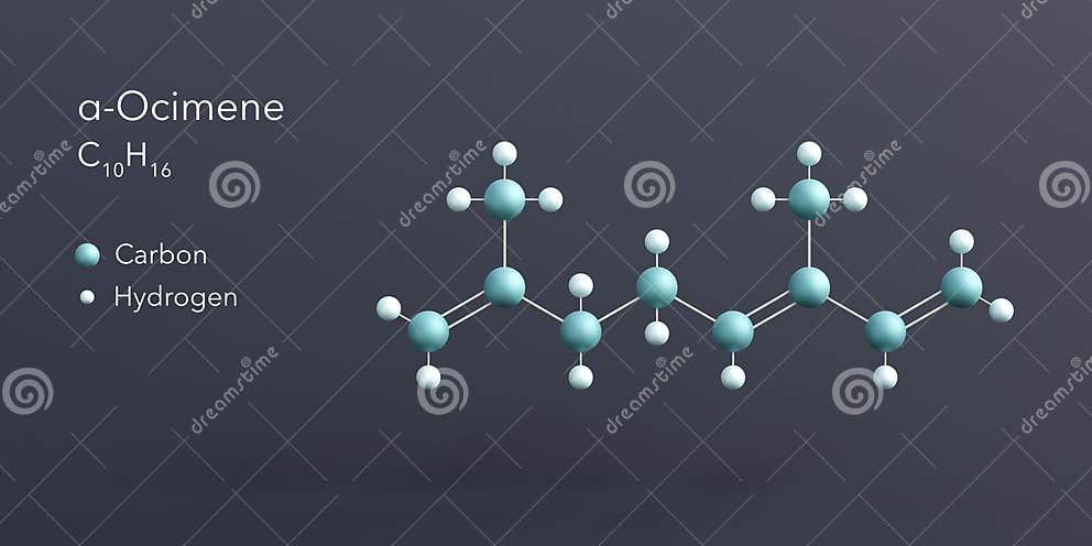 Alpha-ocimene Molecule 3d Rendering, Flat Molecular Structure with Chemical Formula and Atoms ...