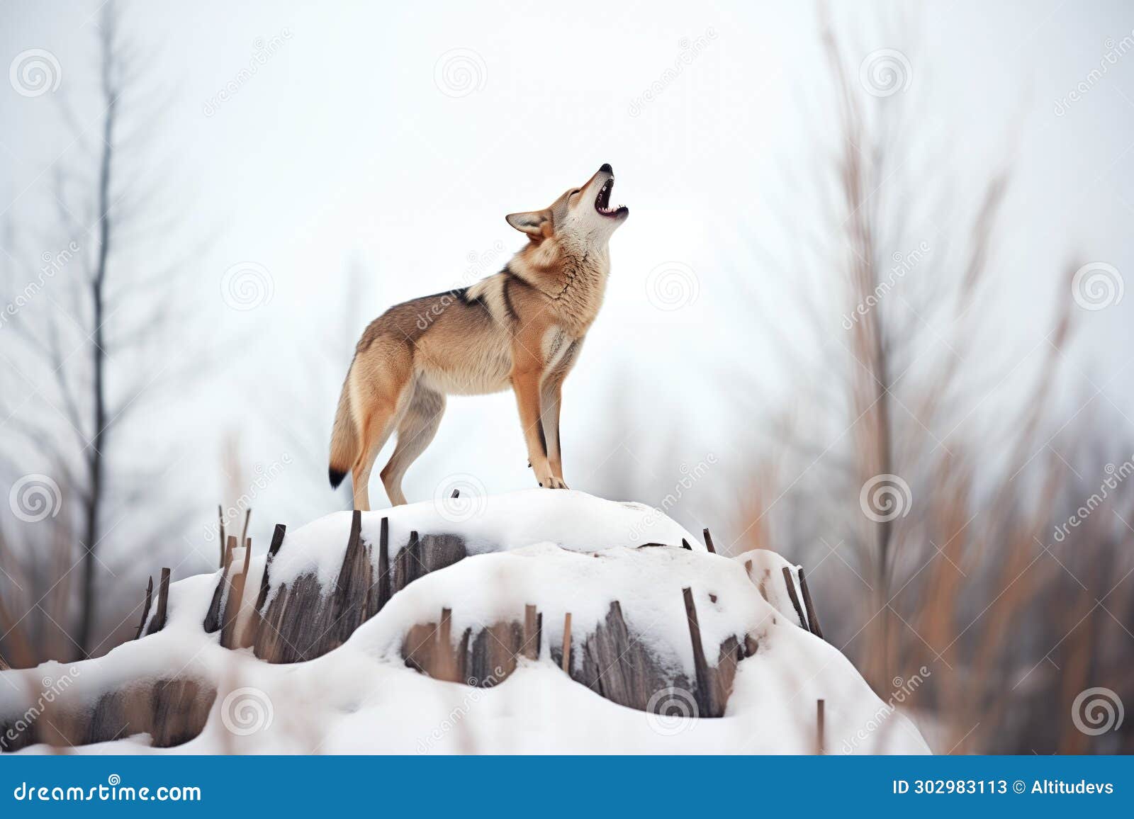 Alpha Wolf Howling on Mound with Winter Trees Behind Stock Illustration ...