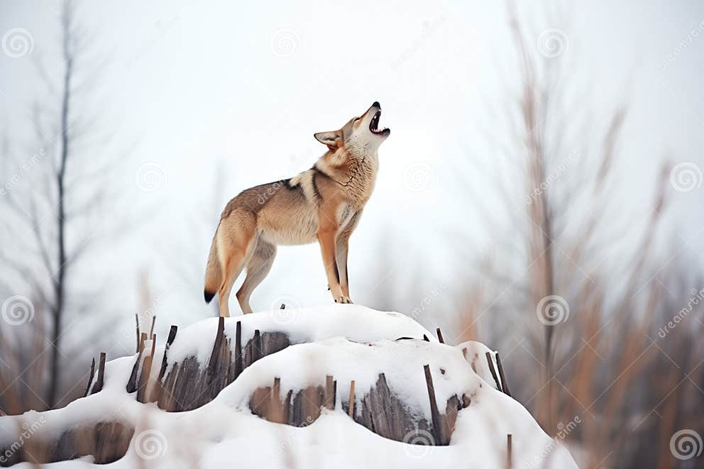 Alpha Wolf Howling on Mound with Winter Trees Behind Stock Illustration ...