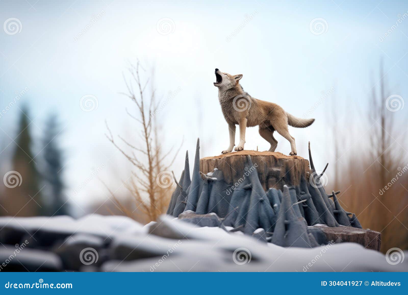 Alpha Wolf Howling on Mound with Winter Trees Behind Stock Image ...