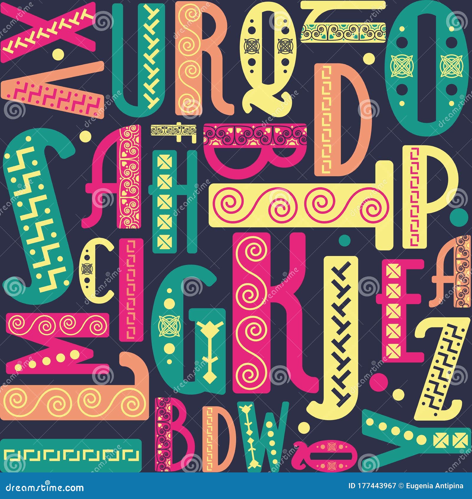 Alphabet in Art Deco Style Vector Colorful Letters Seamless Pattern ...