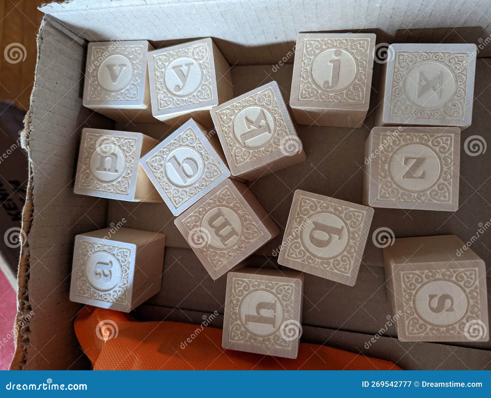 Alphabet blocks in box stock image. Image of label, cardboard - 269542777
