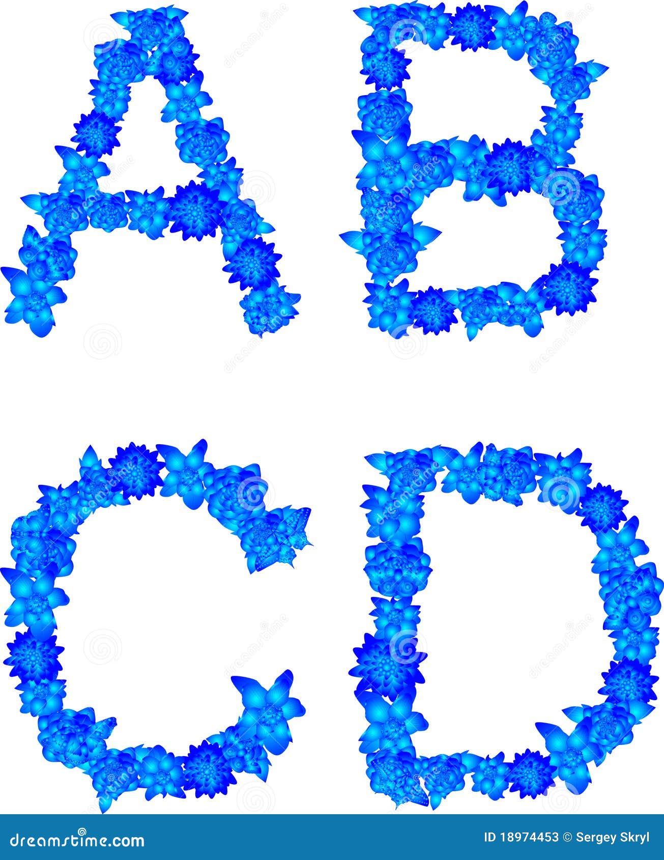 Alphabet of Blue Flowers and Butterflies Stock Vector - Illustration of ...