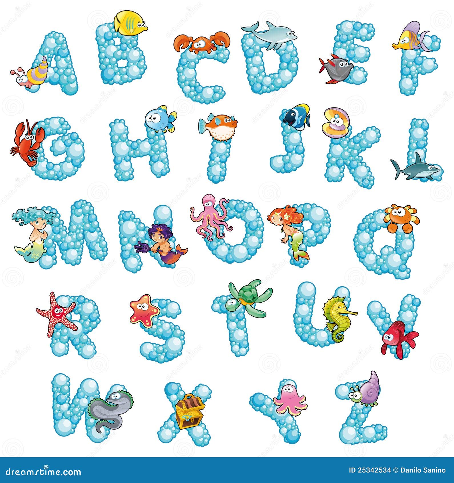 Alphabet With Fish And Bubbles. Stock Vector - Image: 25342534