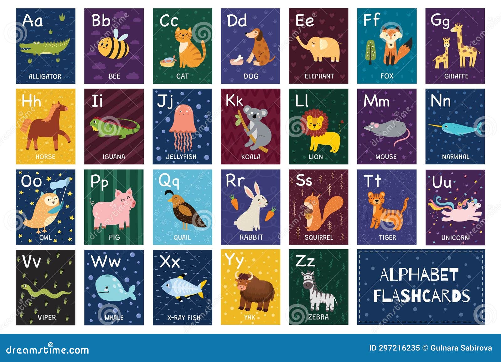 Alphabet Flashcards Collection with Cute Animals Stock Vector ...