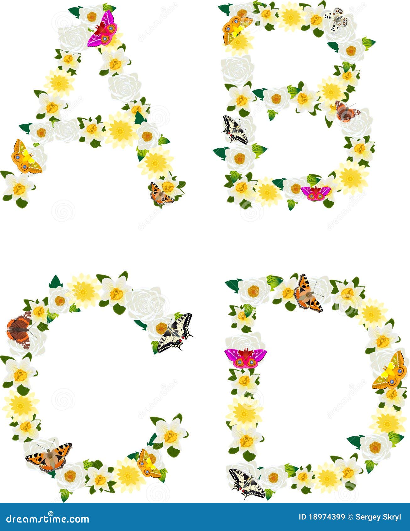 Alphabet of Flowers and Butterflies-a, B, C, D. Stock Vector ...
