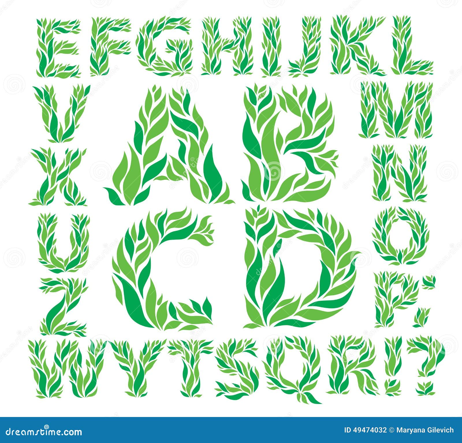 Alphabet Of Green Leaves With Letter E In Small Capital And Large ...
