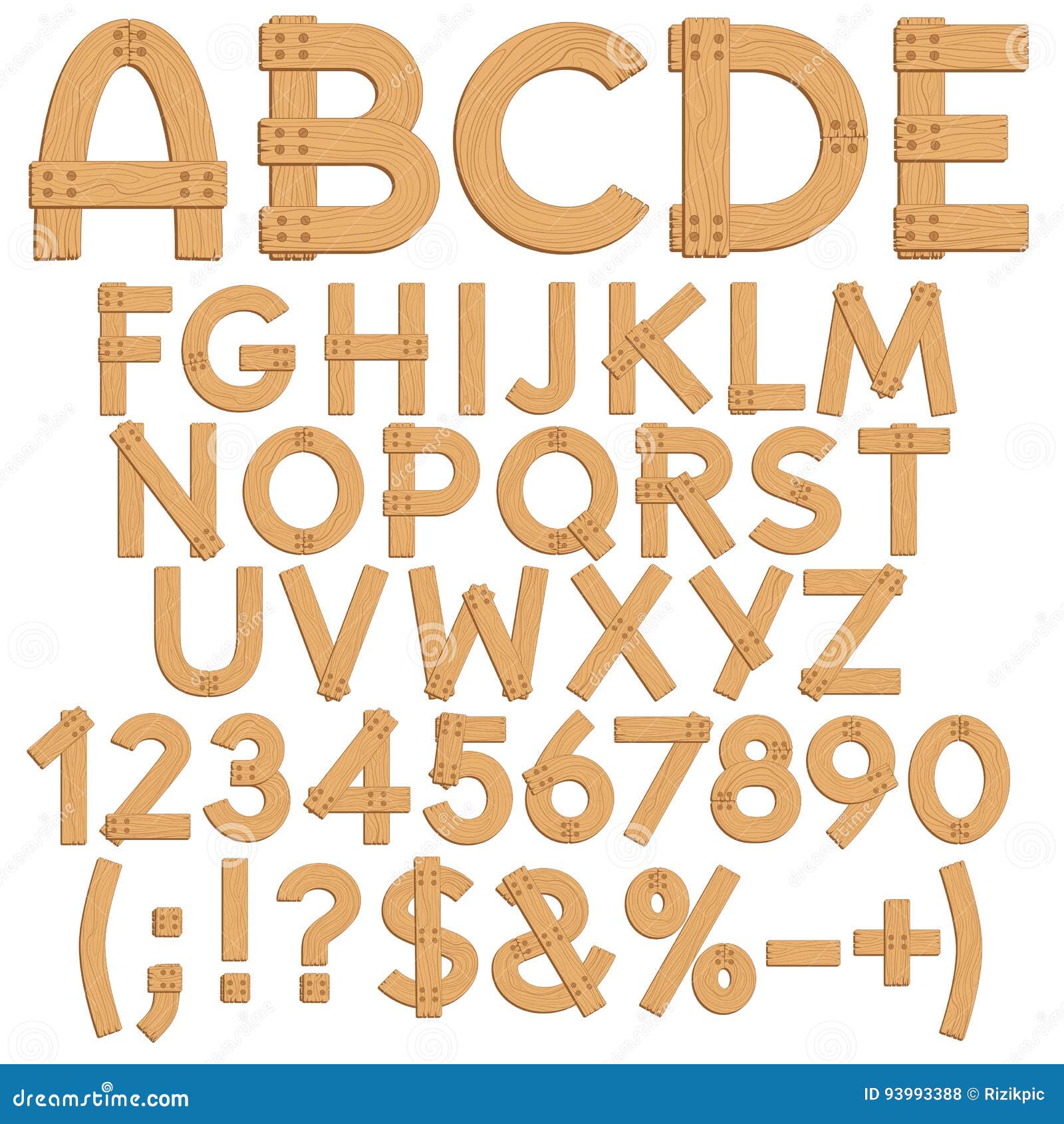 Alphabet, Letters, Numbers And Signs From Wooden Boards. Vector ...