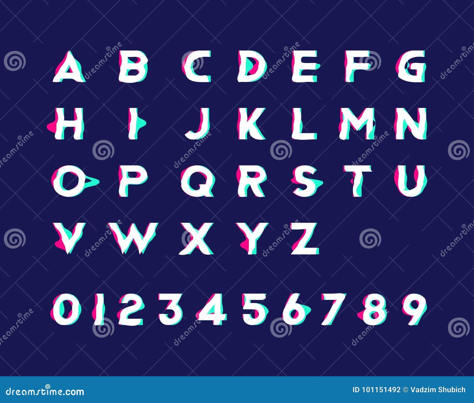 Alphabet with Numbers and Trendy Glitch Effect. Flat Illustration EPS ...