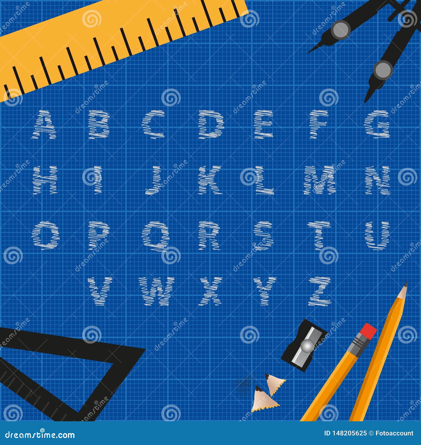 Alphabet Scribble Letters and Drawing Tools Over Grid - Vector Concept ...