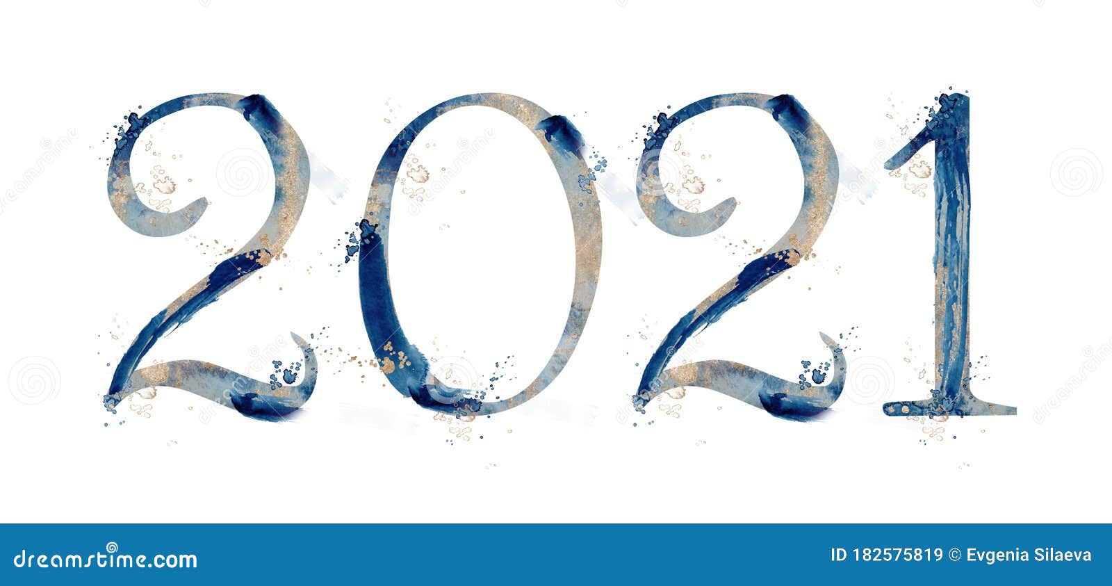 Year 2021 Blue Number Design with Gold Decor Watercolor New Year Stock ...