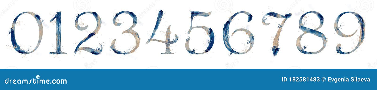 Watercolor Abstract Marine Numbers Set with Gold Strokes from 0 To 9 ...