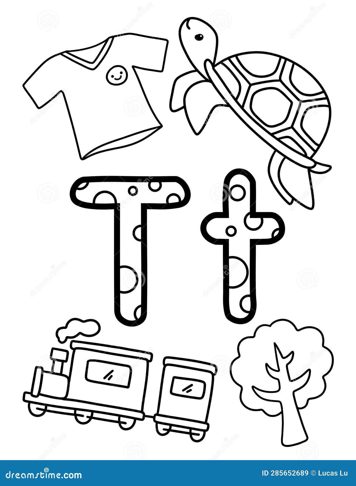 Alphabet T Coloring Page with Cute Object Like Turtle Stock ...