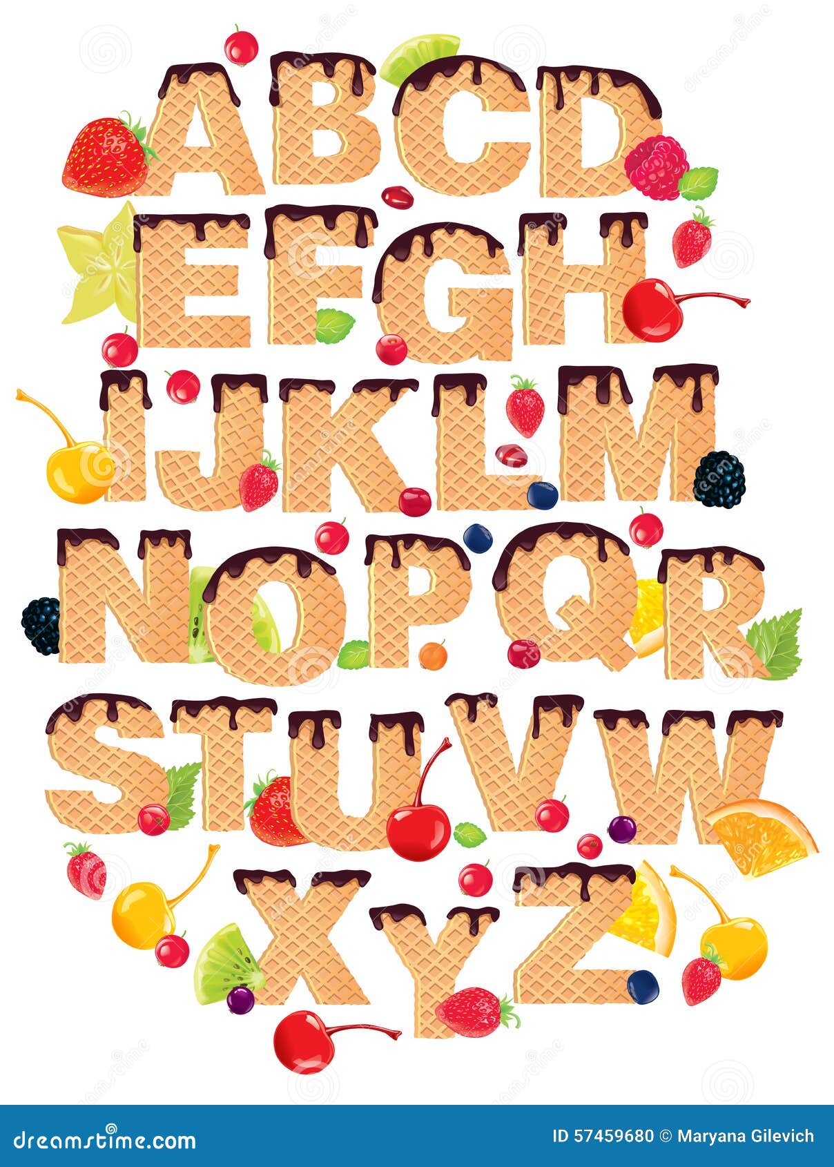 Alphabet with Waffles and Berries Stock Vector - Illustration of leaf ...