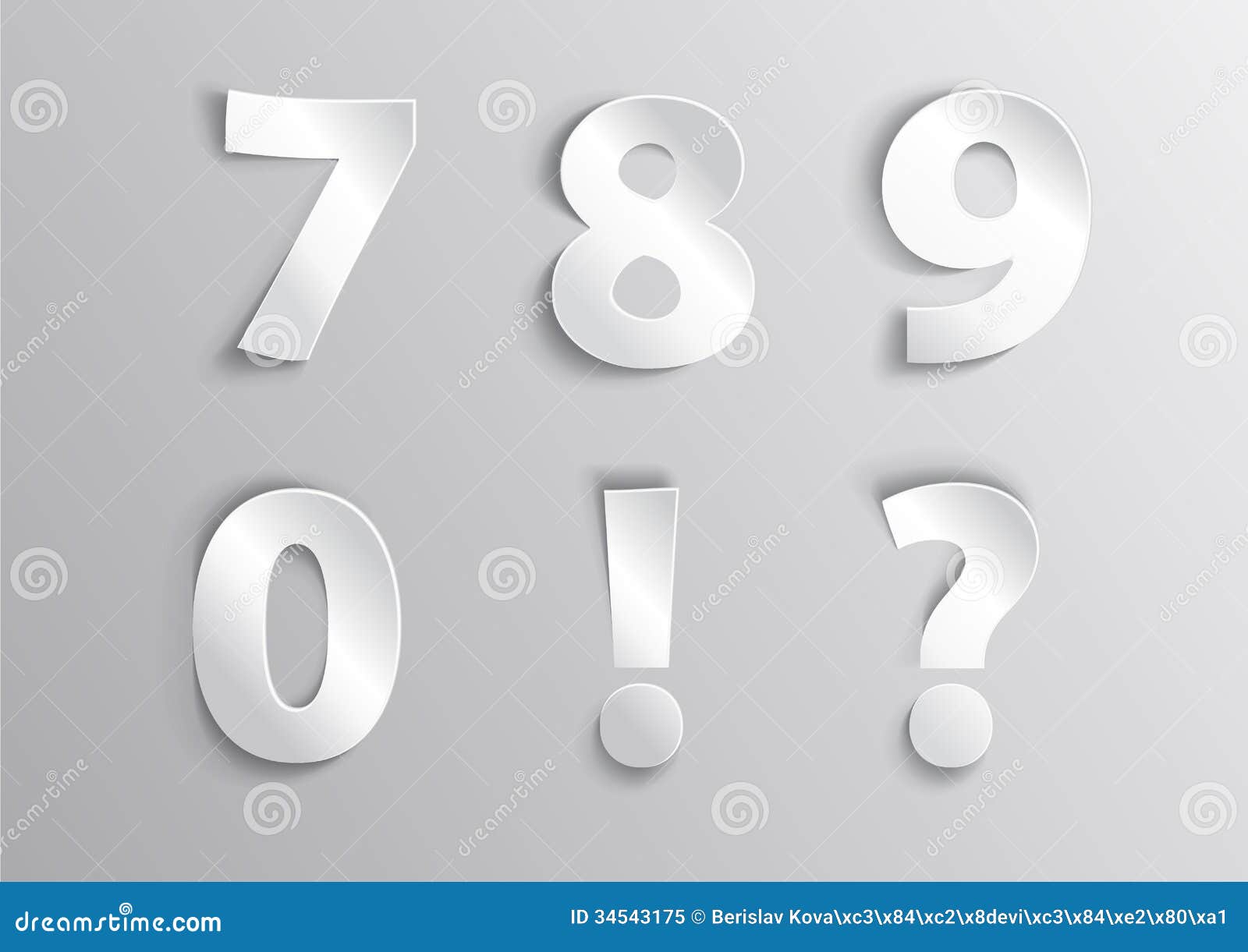 Alphabet White Number Letter with Shadow 7, 8, 9, Stock Vector ...