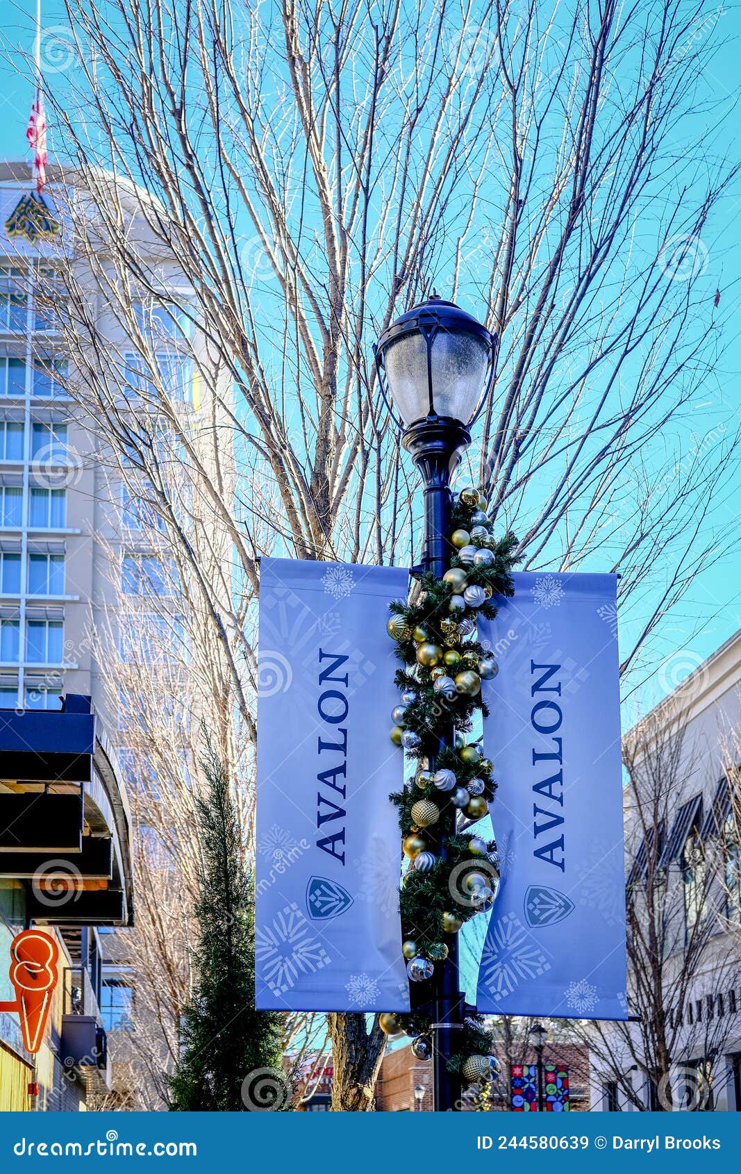 Avalon Banners and Hotel at Christmas Editorial Stock Image - Image of ...