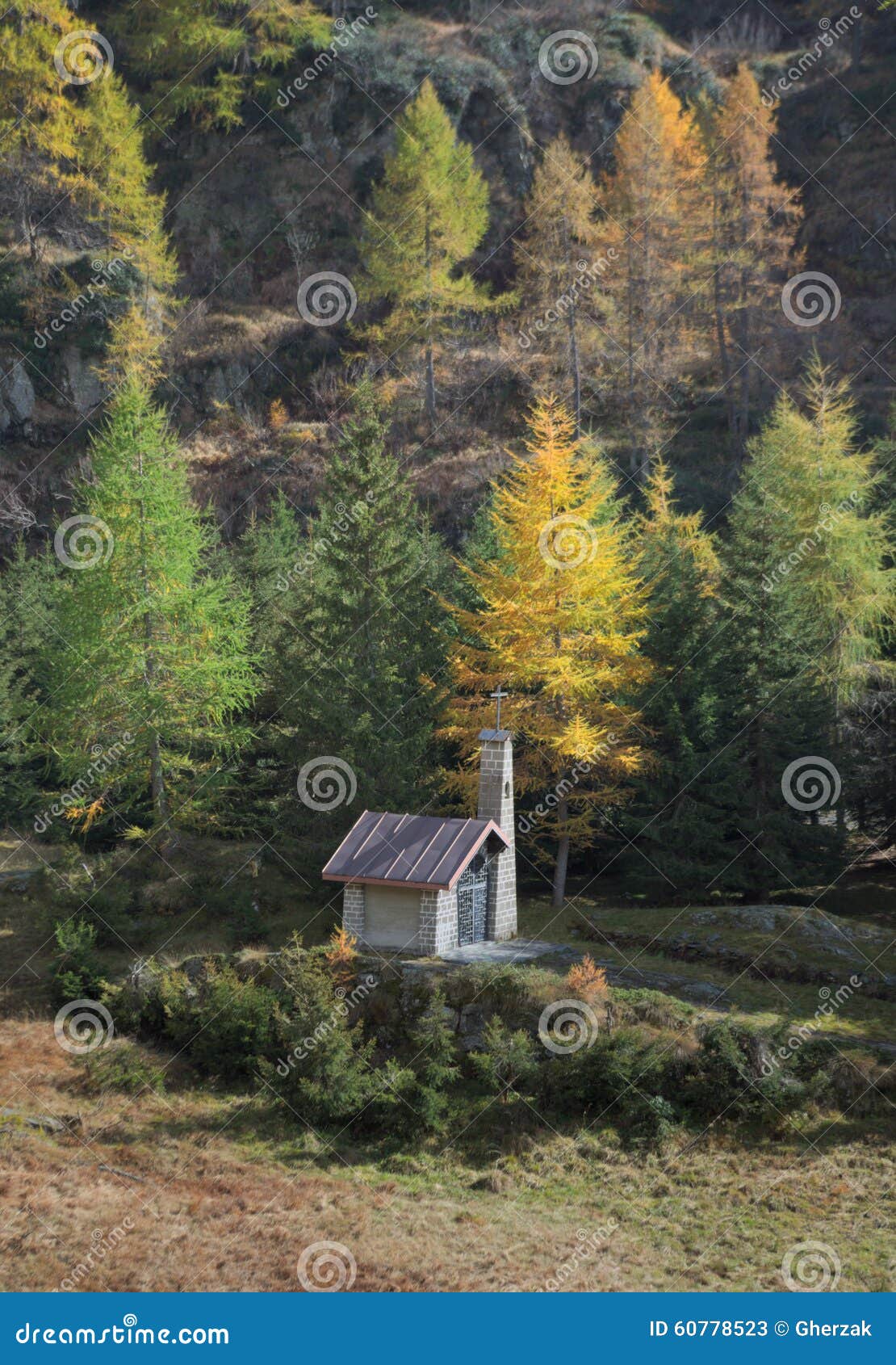Alpine Chapel Against Fall Trees Stock Image - Image of panorama, larch ...