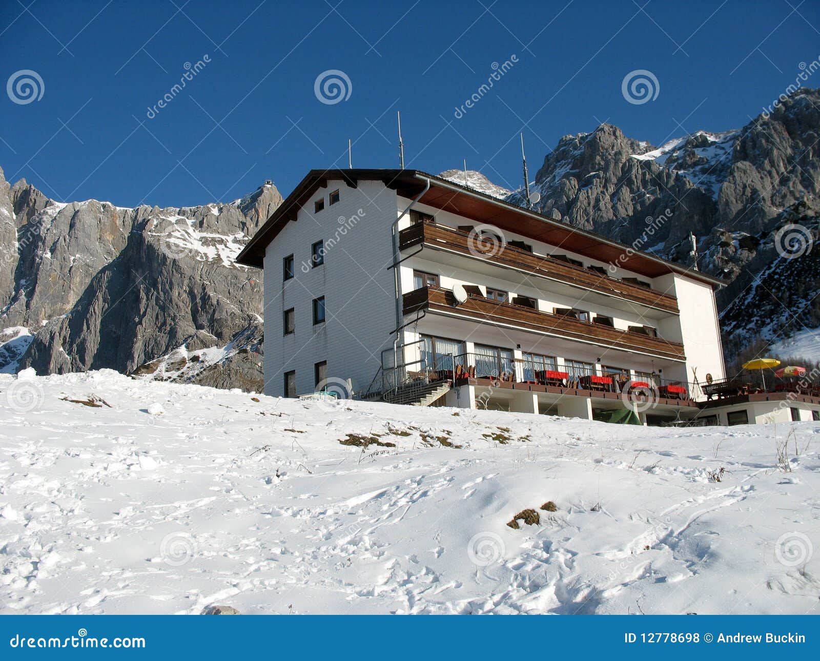 Alpine Hotel. stock photo. Image of mountain, river, america - 12778698