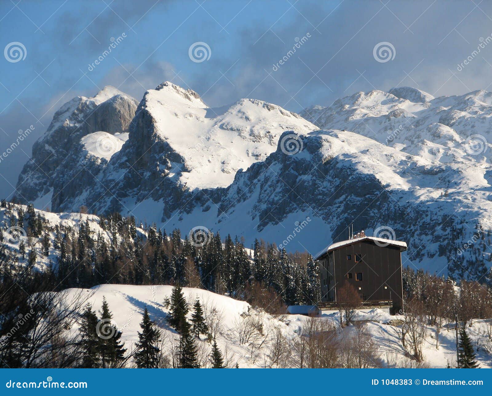 Alpine Hut in the Mountains Stock Image - Image of location, morning ...