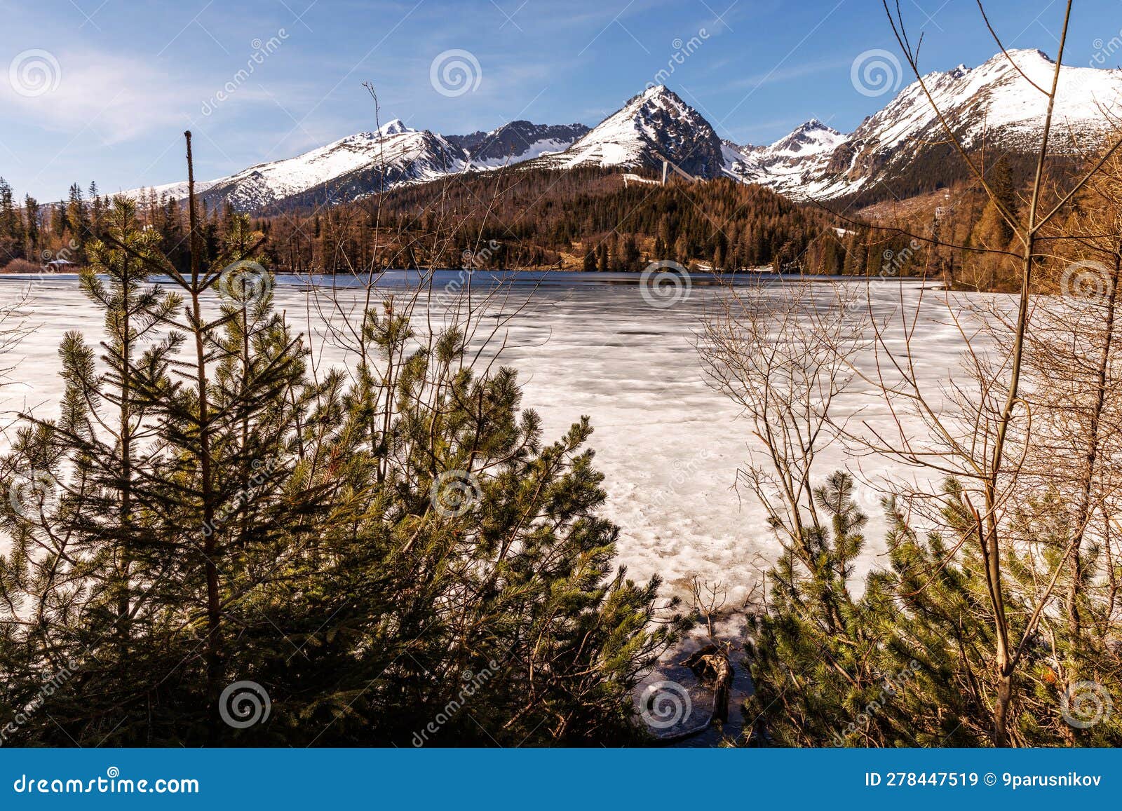 Alpine Lake with a Snowy Mountain Backdrop. Stock Image - Image of ...