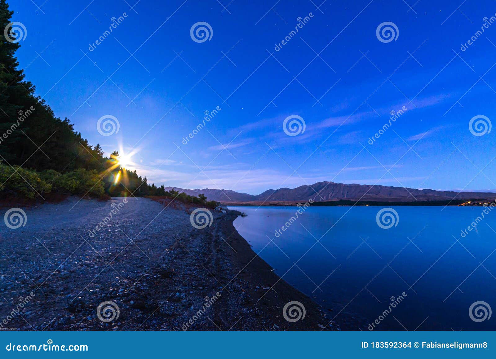 Alpine Lake view at Night stock photo. Image of forest - 183592364