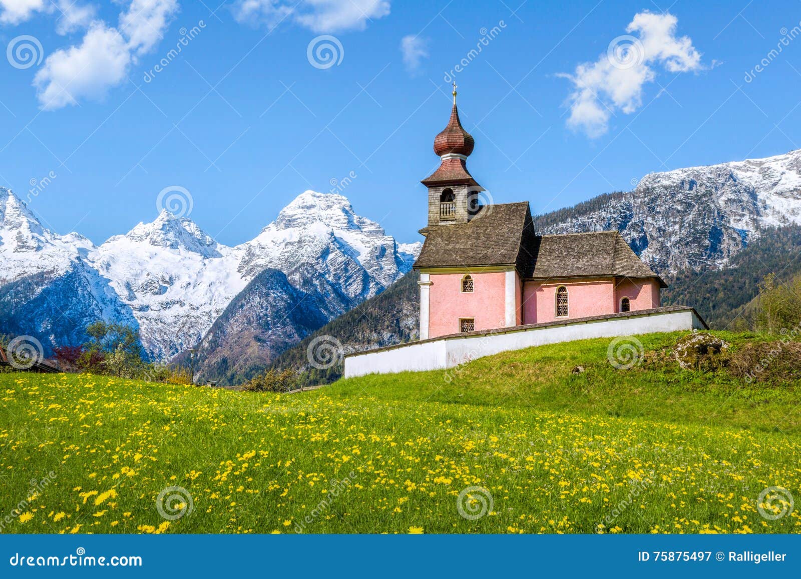 Alpine Landscape with Chapel and Snow-capped Mountains at Lofer ...