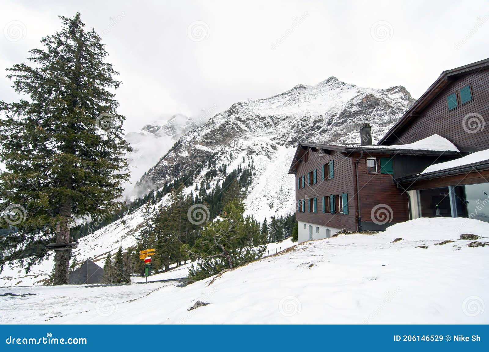 Alpine lodge in the winter stock image. Image of tourism - 206146529