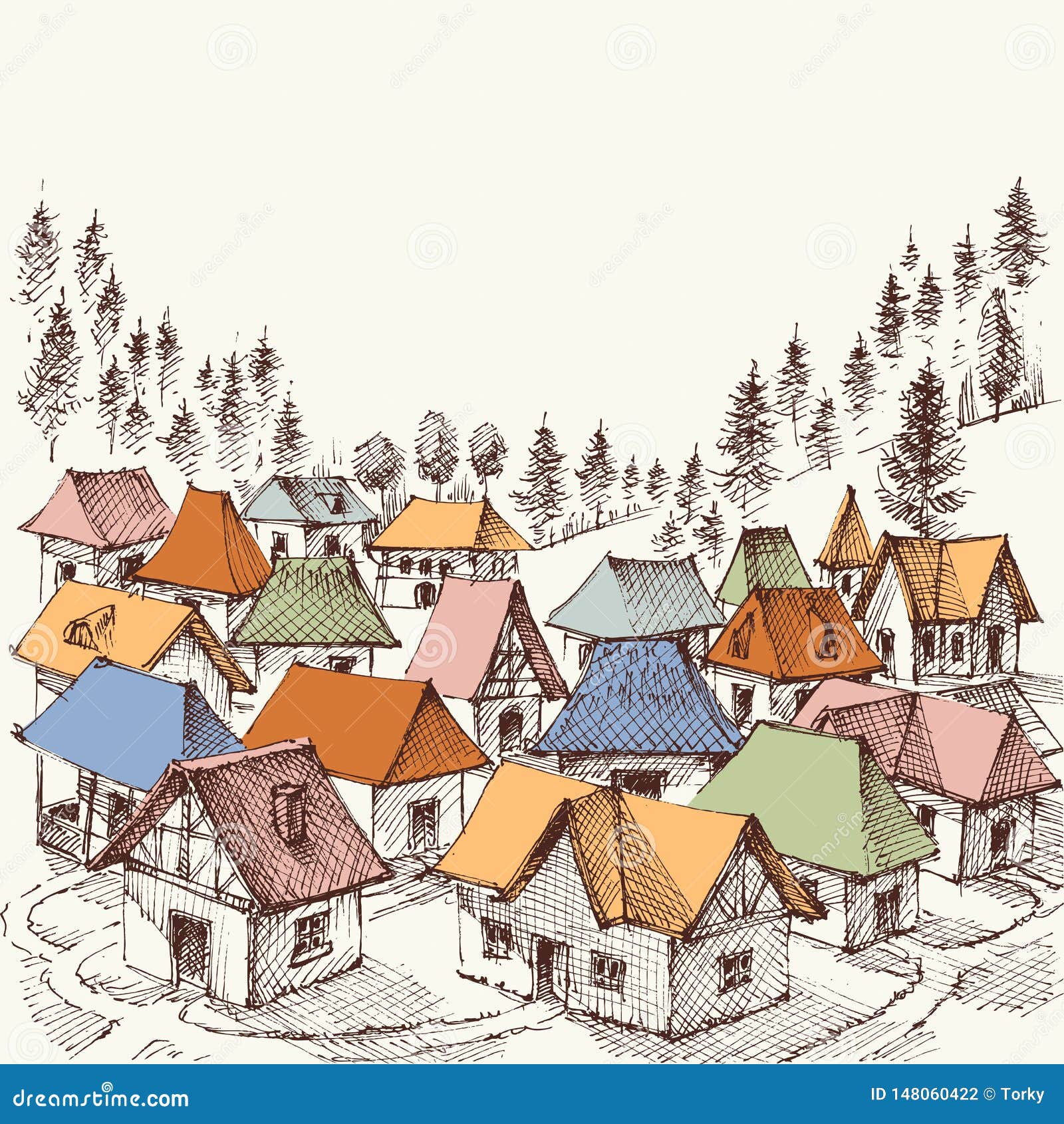 Alpine resort hand drawing stock vector. Illustration of rental - 148060422