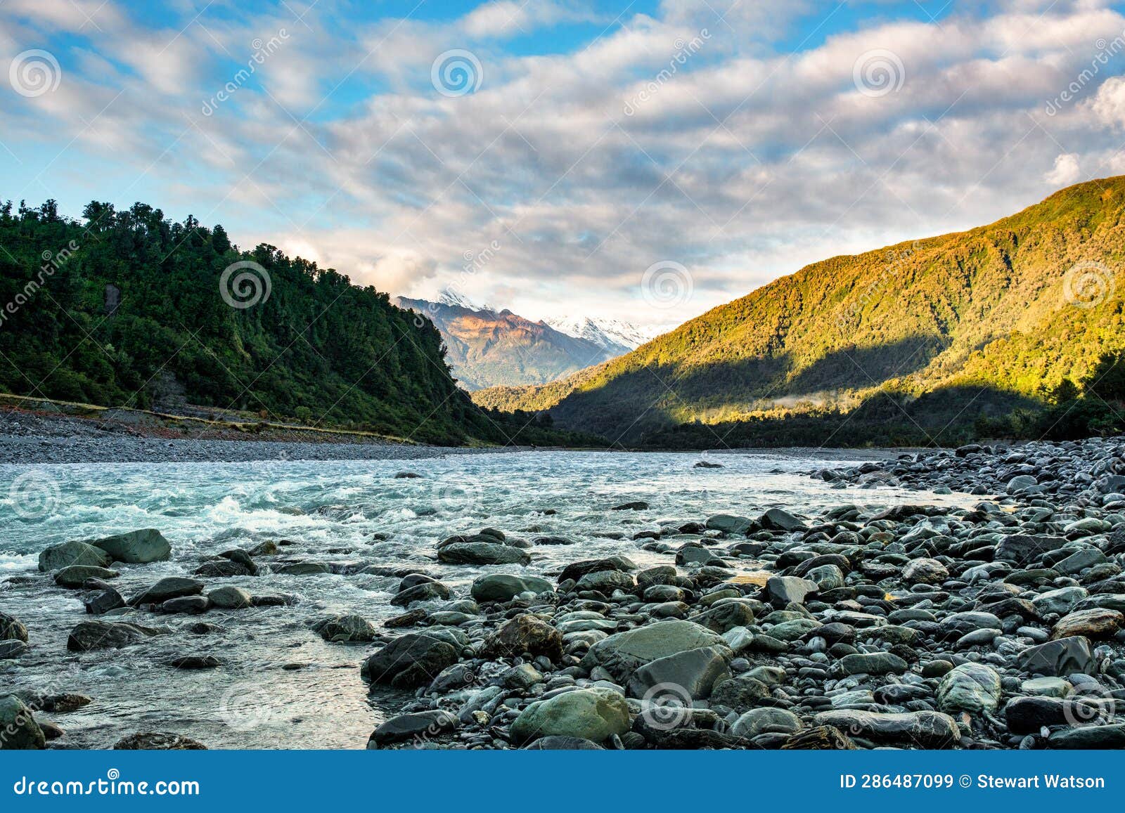 A River Flowing Down the Valley from the the Peaks of Southern Alps ...