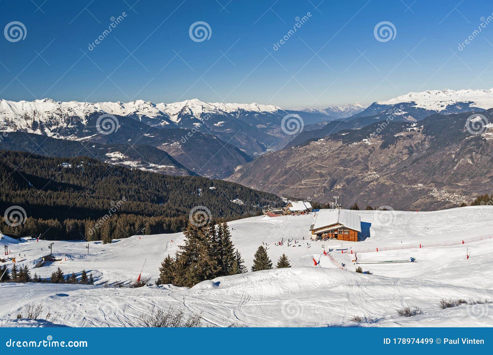 Alpine Ski Resort with Cafe Building on Slope Stock Image - Image of ...