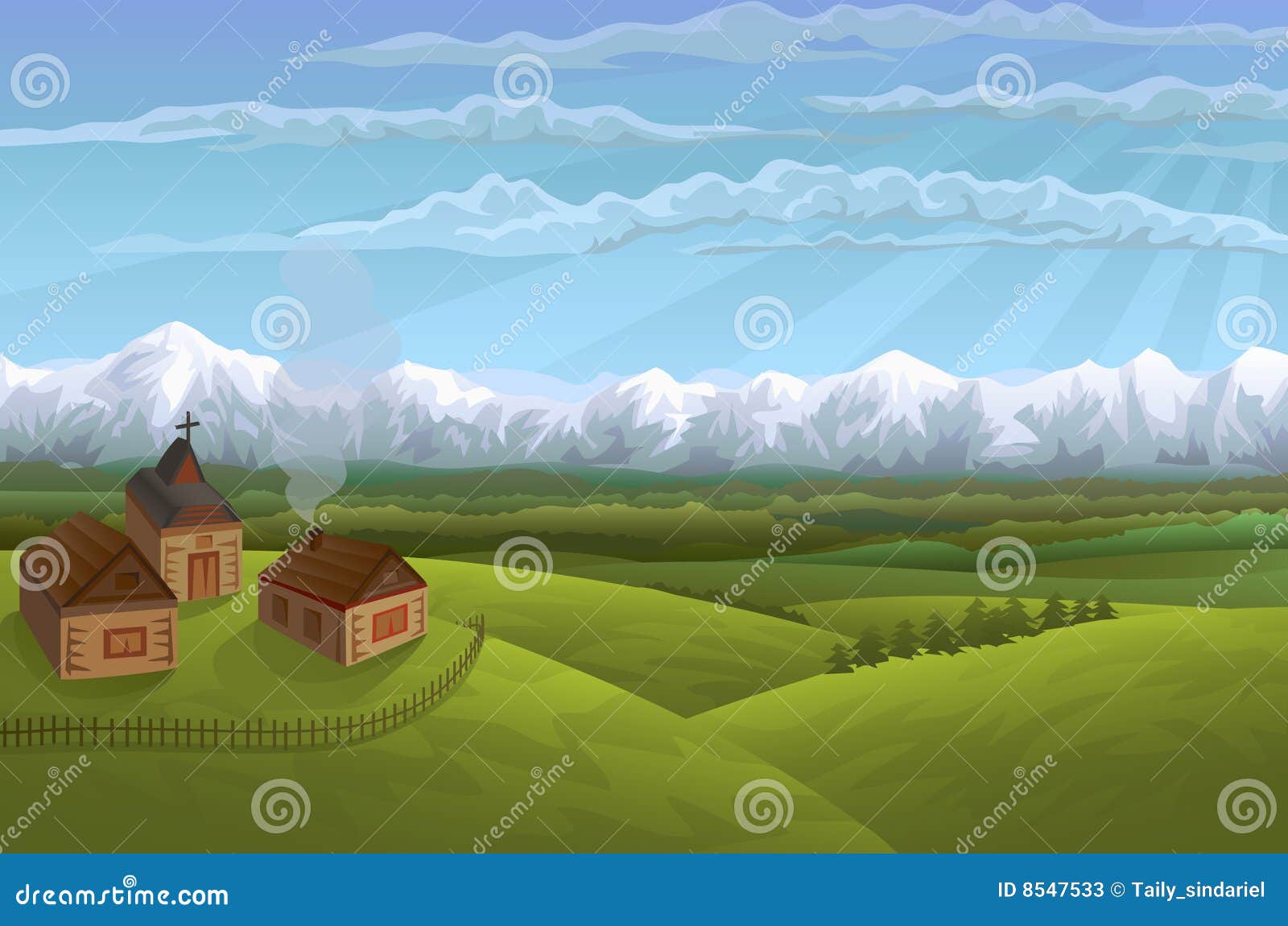 Alpine Village Or Hamlet With Mountain Range And Sunburst Retro Style ...