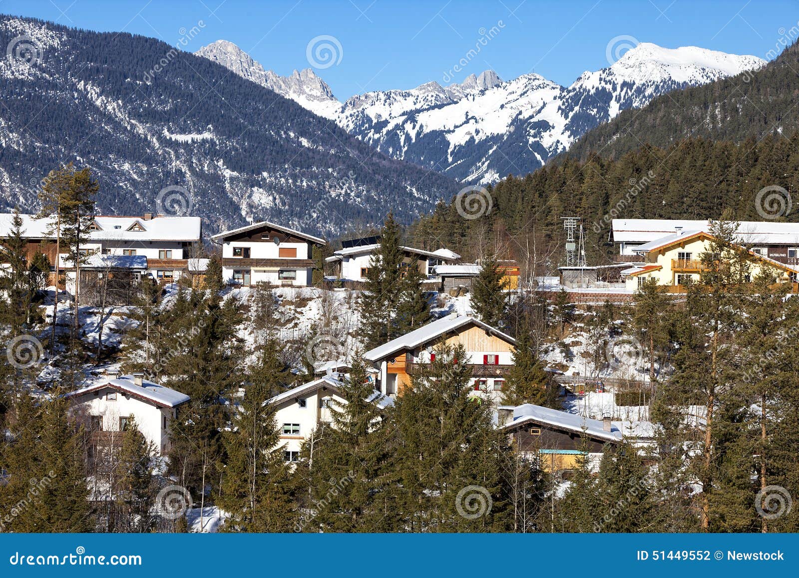 Alpine village in the snow stock photo. Image of austrian - 51449552