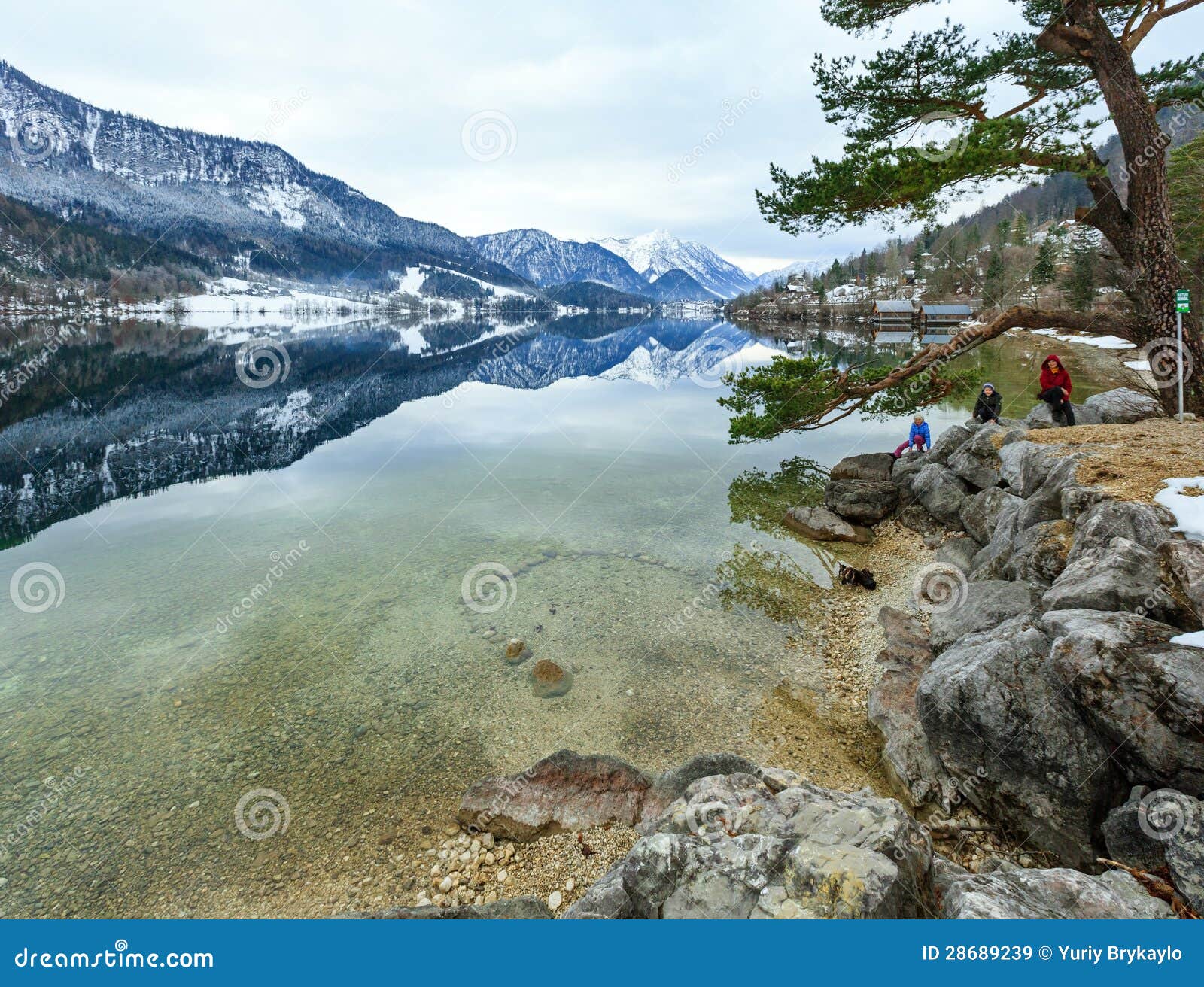 Alpine Winter Lake View and Family Stock Image - Image of scenic, pond ...