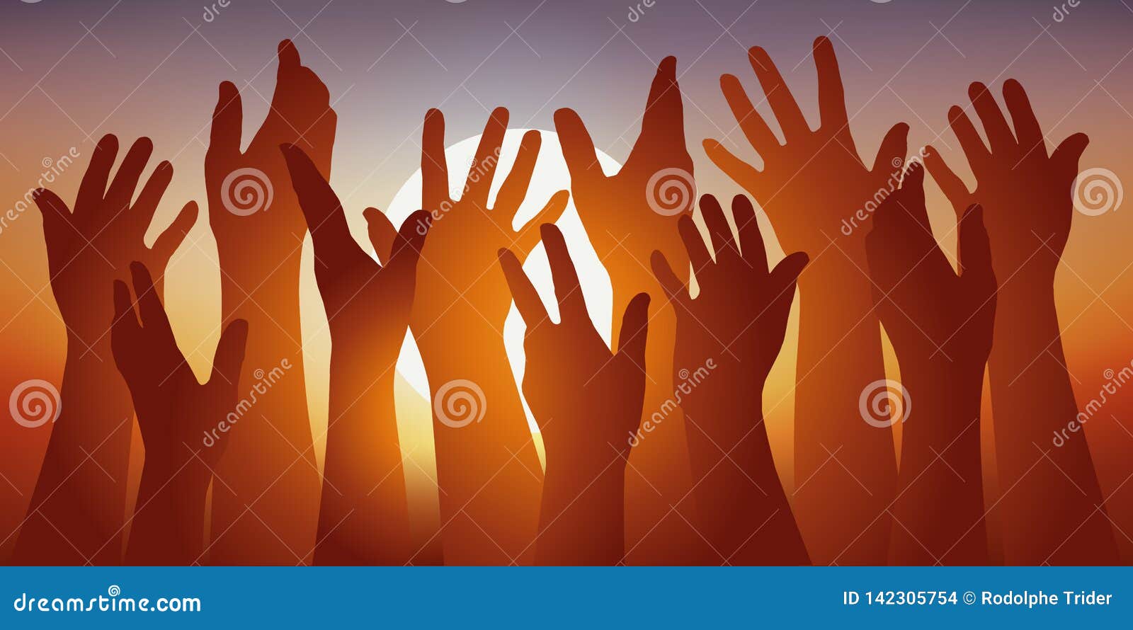Symbol of the Union with Several Hands Raised in Front of a Setting Sun ...