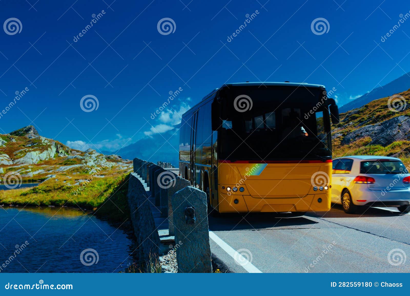 Alps Road with Passenger Bus and Car Stock Photo - Image of landscape ...