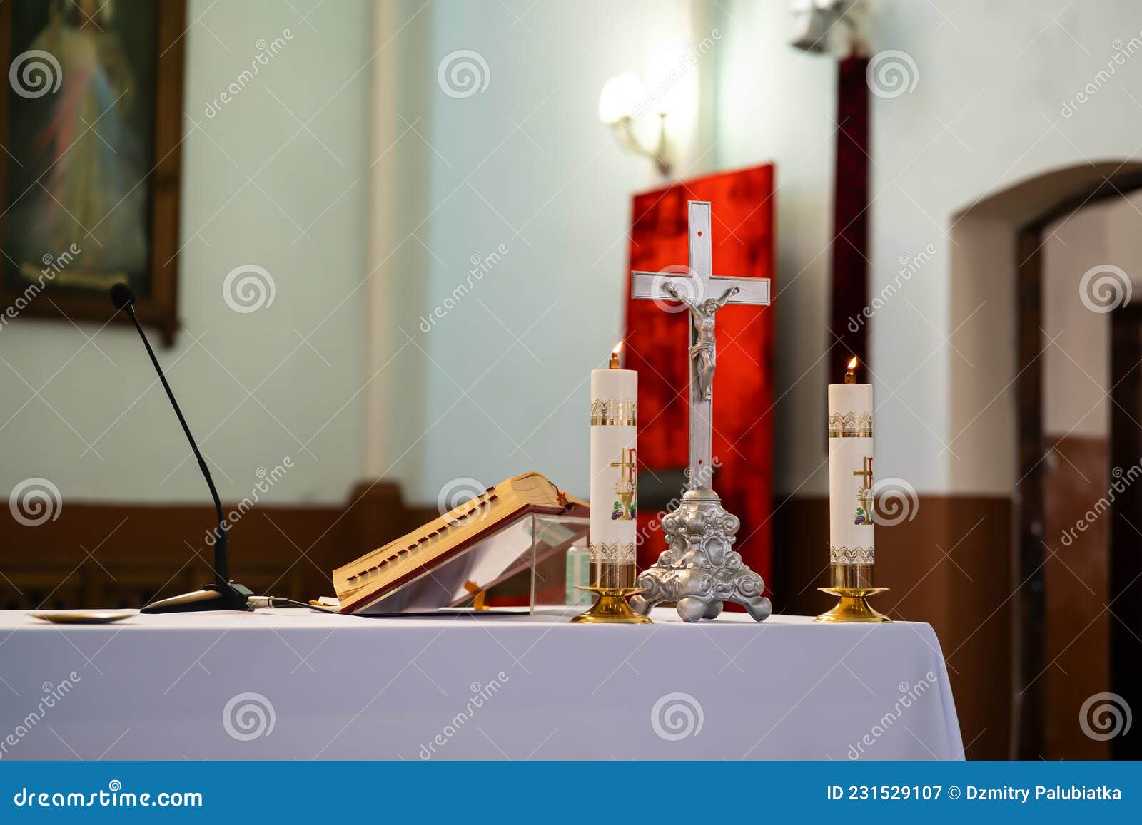 The Altar of a Catholic Priest with a Bible on the Table Stock Image ...