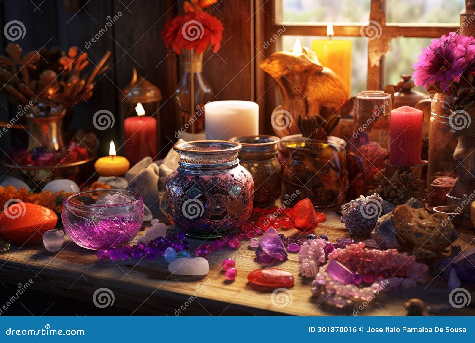Altar of Healing Crystals and Sacred Objects for Stock Illustration ...